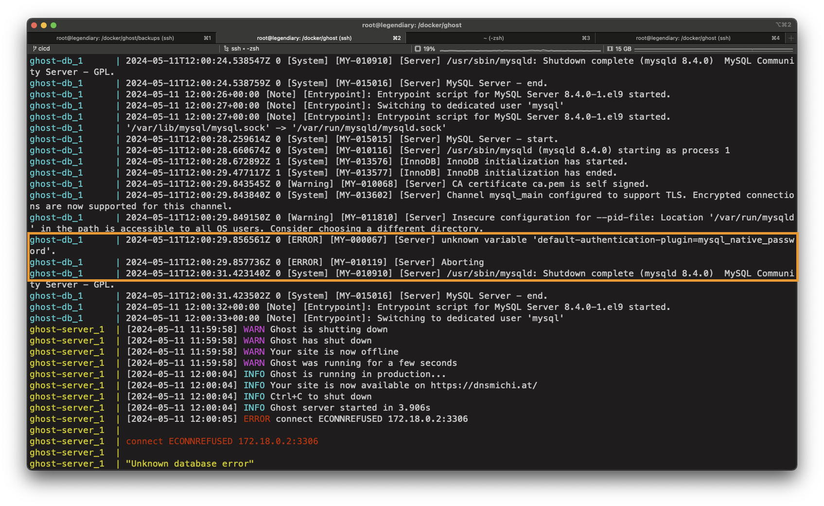 Docker Compose with Ghost and MySQL 8.4, mysql_native_password startup ...